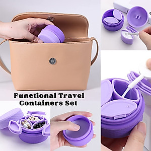 3 in 1 Travel Silicone Makeup Containers for Toiletries Shampoo Lotion Refillable Empty Jars with Spoon, Portable Containers for Trinkets Pills, including 3 Dispensers & 1 Protective Box (Purple)