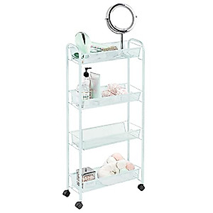 mDesign Slim Steel Metal Rolling Utility Cart Storage Organizer Trolley with 4 Basket Shelves for Laundry Room, Kitchen, Bathroom Organization, Narrow Holder for Detergent, Biro Collection, Mint Green