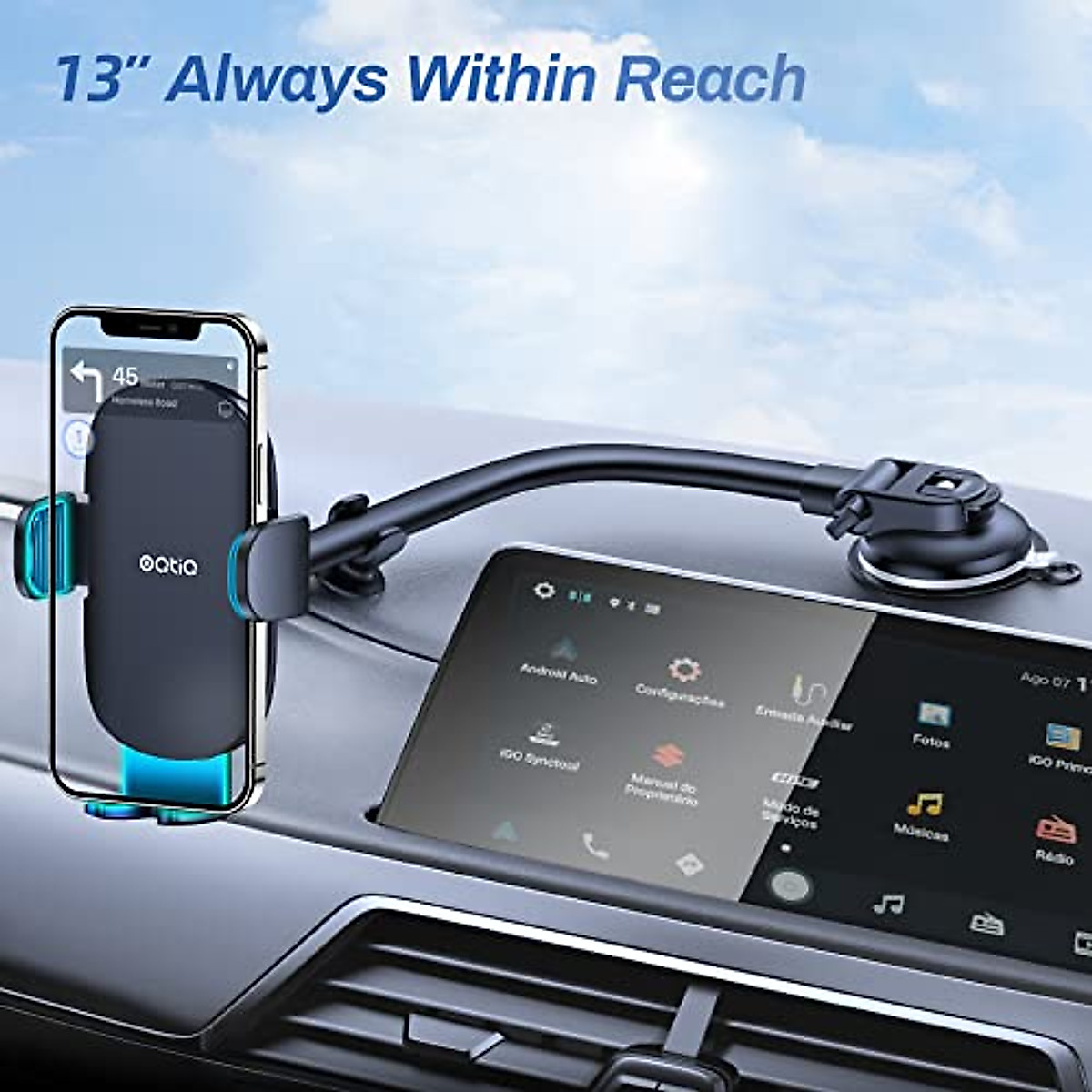 OQTIQ Windshield Phone Mount for Car [Gooseneck 13" Long Arm] Car Phone Holder Mount Dashboard Windshield Strong Suction Cup Cell Phone Holder Car Truck for iPhone 14 13 Pro Max All Mobile Phones