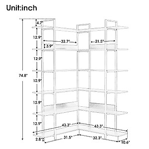 ASTRAEUS Bookshelf 6 Tiers Corner Bookcase L Shaped Shelf,Black