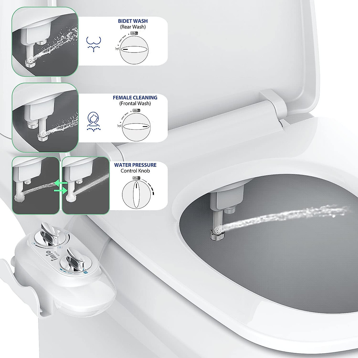 imio BD158 Non-Electric Bidet Attachment Adjustable Water Pressure and Self Cleaning Nozzle