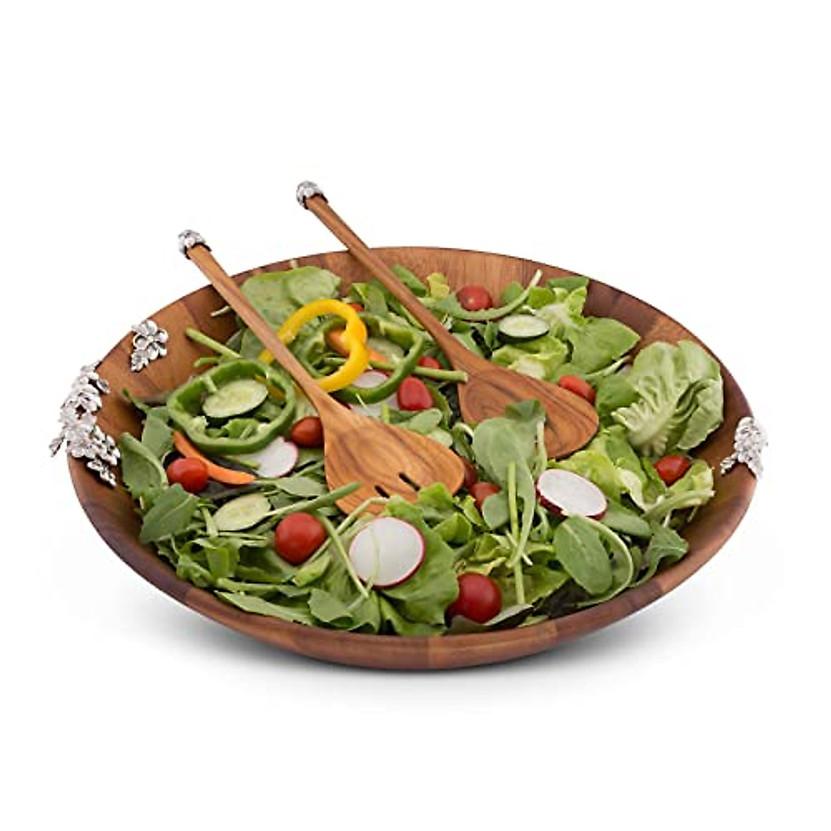 Vagabond House Wood Salad Bowl and Servers Lilacs Pattern 16 inch Diameter 4.5 inch Tall