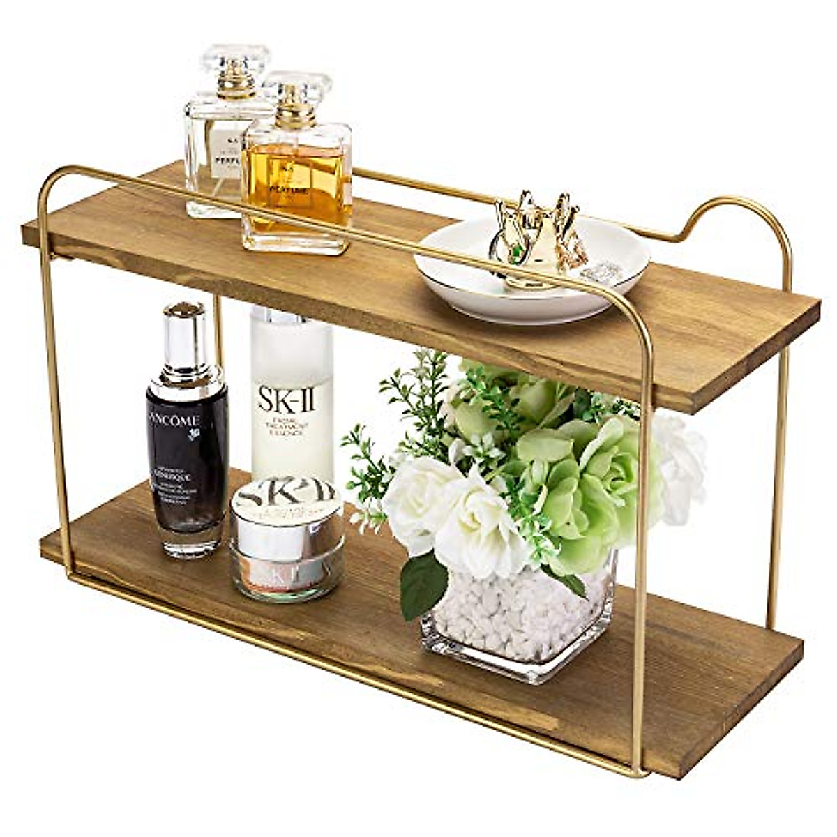 MyGift Modern 2-Tier Floating Wall Shelf, Natural Brown Wood Bathroom Shelves with Vintage Brass Metal Frame