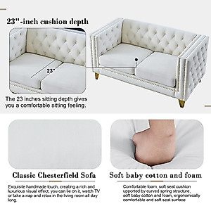 BUIORD Modern 81" 3-Seater Velvet Sofa,Buttons Tufted and Square Arm,Inlaid Gold Nail Heads and 4 Golden Metal Legs for Living Room (Beige, 81" 3-Seater Sofa)