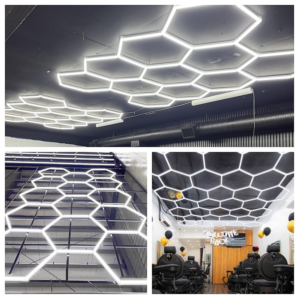 SENKOYU Hexagon Led Garage Light,23 Grid Systems Led Shop Lights for Garage/Workshop/Car Detailing Shop with White Border, 6500K,60720LM,530W, IP54 2 Year Warranty AC 100-240V(13'5'' x 12'5'')