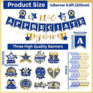 CHUNNIN We Appreciate You Banner Decorations Blue Gold Thank You Hanging Swirls Sign Employee Appreciation Streamer for Pastor Staff Teacher Retirement Doctor Nurse Thanksgiving Party Supplies