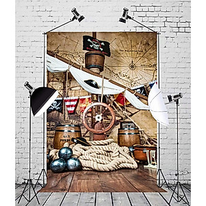 BELECO 5x7ft Fabric Pirate Backdrop Pirates Ship Deck Steering Wheel Skull Flag Halloween Pirate Photography Background Pirate Theme Party Decorations Kids Boy Adult Birthday Baby Shower Photo Props
