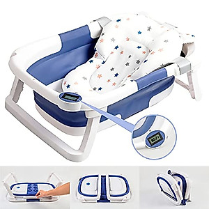 NAPEI Collapsible Baby Bathtub,Baby Bath Tub with Soft Cushion & Thermometer,Portable Travel Bathtub with Drain Hole,Durable Baby Bathtub Newborn to Toddler 0-36 Months(Blue+ Floating Soft Cushion)