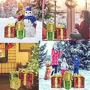 Lighted Gift Boxes Christmas Decorations Boxes 3pcs Pre-Lit Present Boxes Ornament Outdoor Christmas Tinsel Boxes Decoration with Bows for Outside Xmas Home Yard Decor