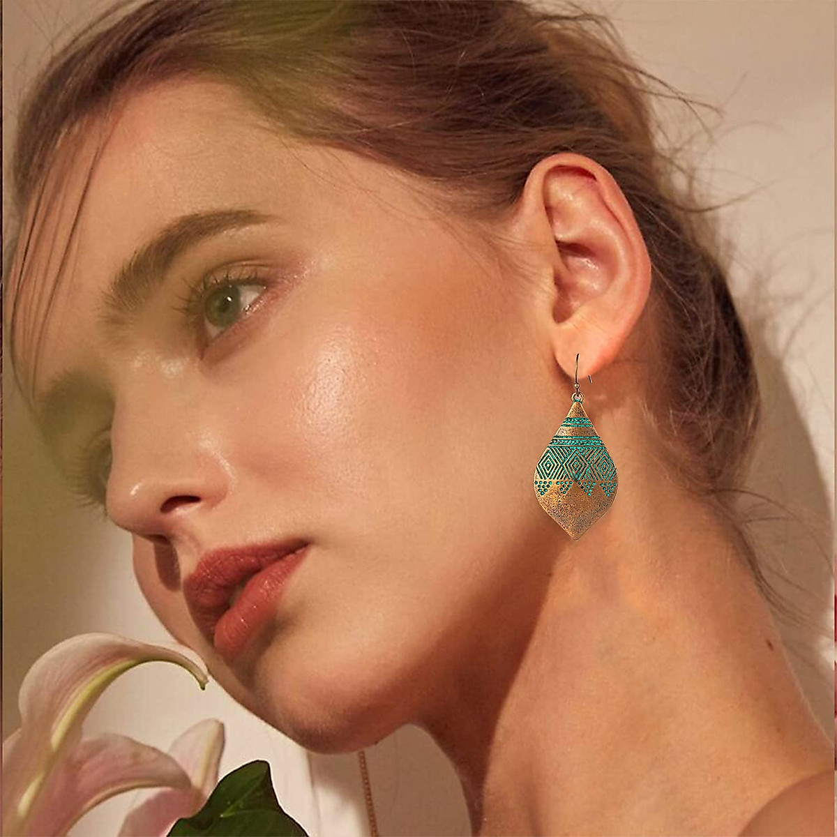 TIANBANGSHI Handmade Vintage leaf Earrings Bohemian Hammered & Engraved Earrings Unique Antique Silver Gold Tribal Ethnic teardrop Shaped Drop Dangle Earrings for Women Jewelry (gold)