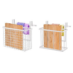 uxcell 2 Pack Cabinet Door Organizer, Cutting Board Organizer with Towel Bar, Metal Wire Baskets with Hooks, Over Cabinet Door Organizer for Kitchen, Pantry Bathroom Storage, White