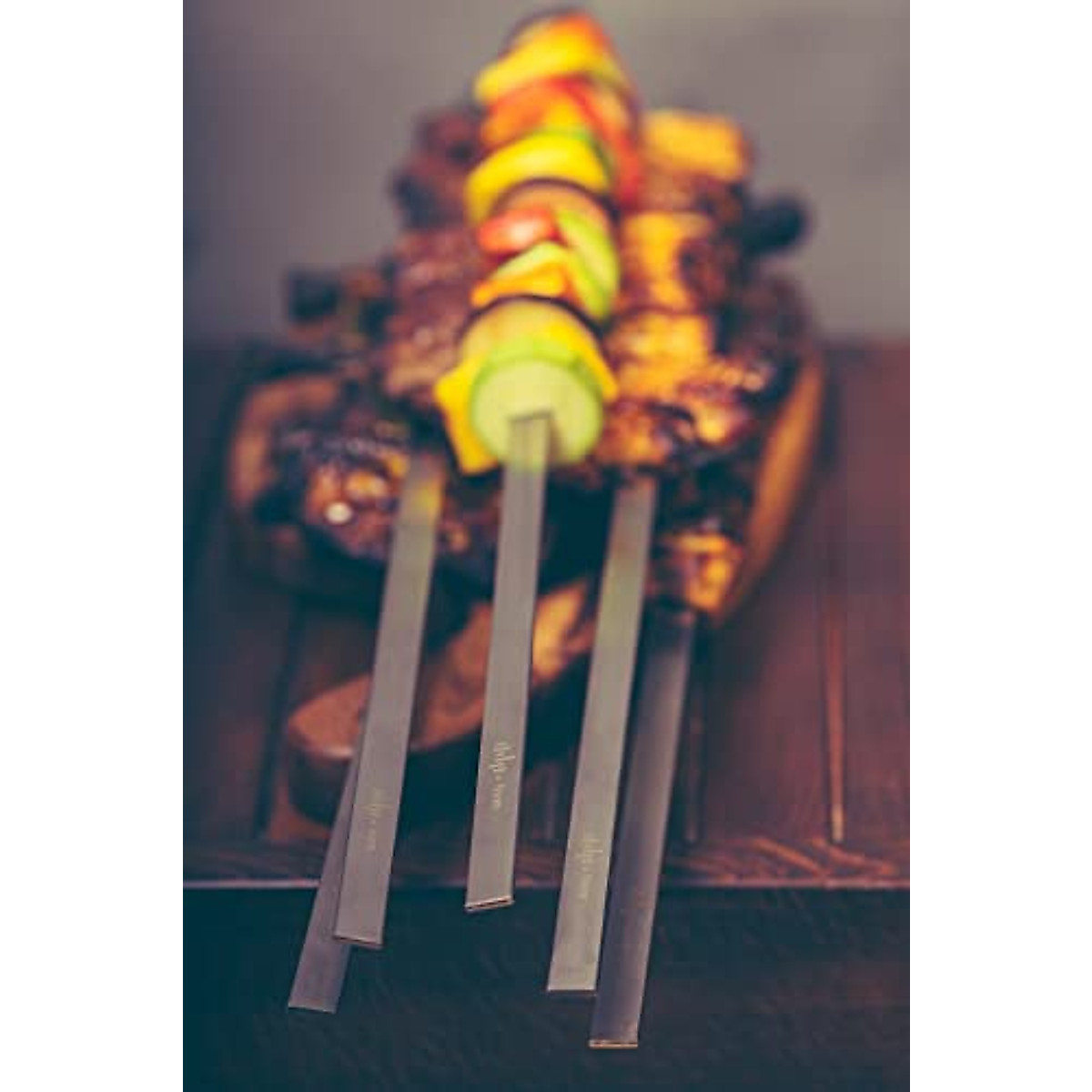 + HOM 8 Kebab 1/2" Wide Flat Skewers, Stainless Steel, No-Wood Handle, Shish, Adana Kabob, Carrying Case