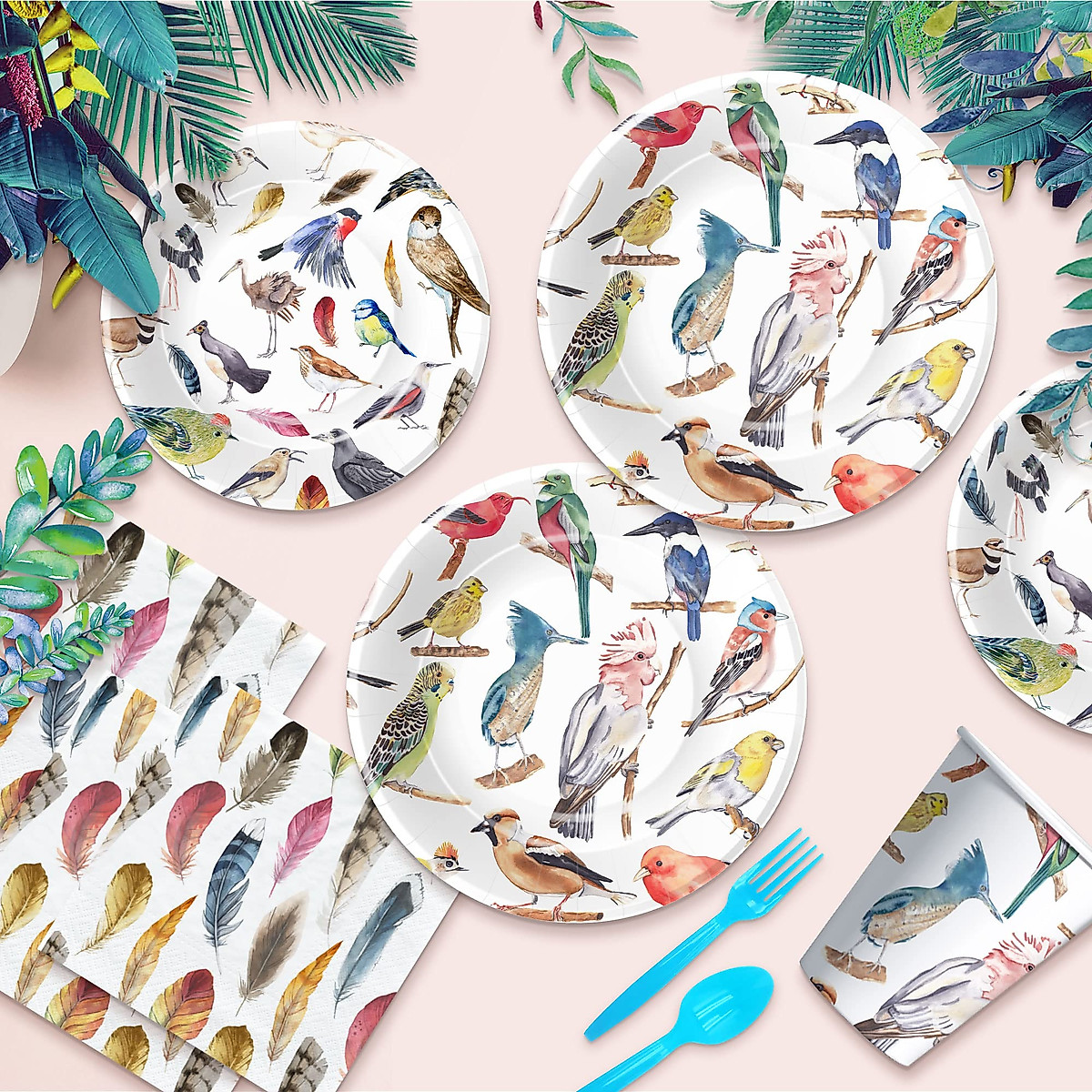 Xigejob Bird Party Decorations Tableware, Bird Birthday Party Supplies, Plate, Cup, Napkin, Tablecloth, Cutlery, Colorful Bird Bridal Baby Shower Birthday Wedding Summer Tea Party Dinnerware, Serve 24