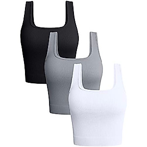 OQQ Women's 3 Piece Tank Shirt Ribbed Seamless Workout Exercise Yoga Crop, Black Grey White, Small