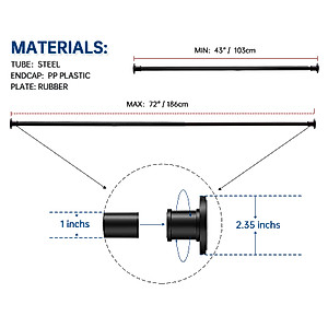 BRIOFOX Industrial Shower Curtain Rod - Never Rust Non-Slip 43-72 Inch Stainless Steel, Matte Black