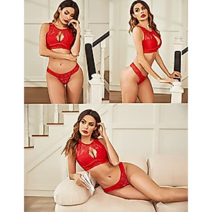 Avidlove Women Lingerie Sexy Lace Bra and Panty Set 2 Piece Babydoll Bodysuit Red Small