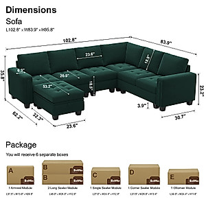 Belffin Velvet Modular Sectional Sofa with Storage Ottoman 6 Seater L Shaped Sectional Modular Sofa Couch with Reversible Chaise Convertible Corner Sectional Couch Green,