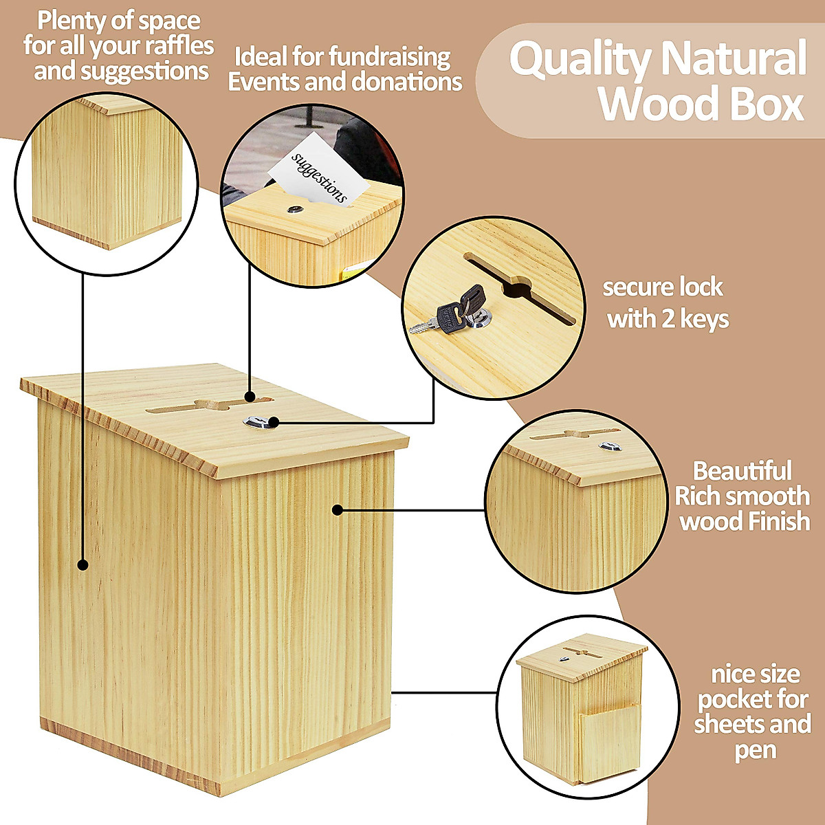 Finished Natural Wood Charity Donation & Suggestion Box Office Ballot Box with Pocket Comes with Locking Hinged Lid for Table Or Counter-top use (Natural Wood)