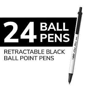 BIC Clic Stic Black Retractable Ballpoint Pens, Medium Point (1.0mm), 24-Count Pack, Round Barrel Design for Comfortable Writing