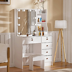 Buildonely Makeup Vanity Set with Mirror and Lights, Hollywood Vanity Desk with 4 Drawers and Display Shelves for Storing Items, Dressing Table with Soft Stool for Girls