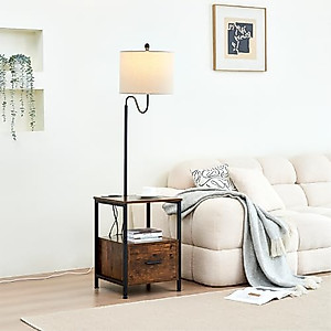 Topotdor Floor Lamp with Table, Wooden End Table Rustic Bedside Nightstand Lamp with Shelves for Living Room Bedroom Home Office, Brown