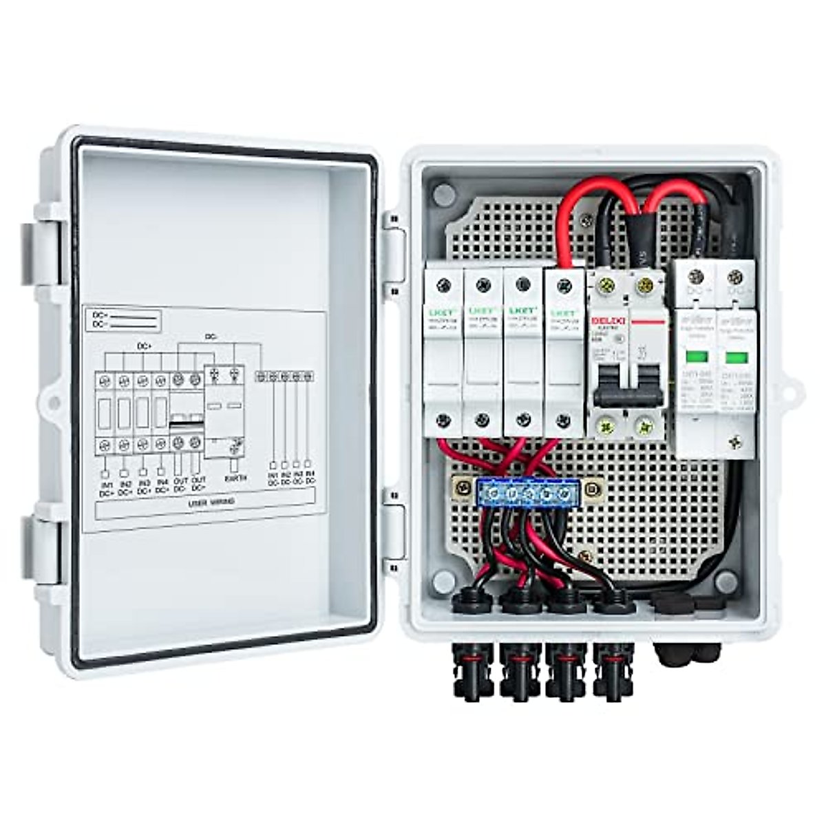 Solar Combiner Box, Briidea PV Combiner Box 4 String with 10A Circuit Breakers & Lightning Arreste for Solar Panels, IP 65 Waterproof