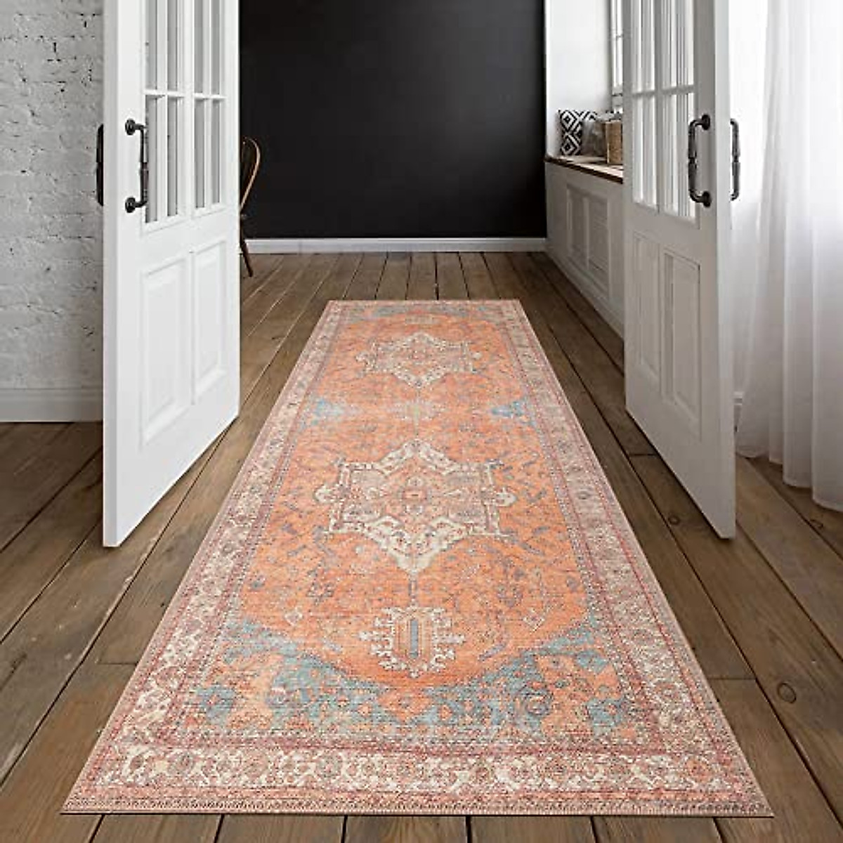 GLN Rugs Traditional Collection - Machine Washable Area Rug, Traditional Washable Rug, Non Slip Washable Rug, Low Pile Chenille Living Room Rug, Bedroom Rug, Kitchen Rug (2'6"x7' Burnt Orange Rug)