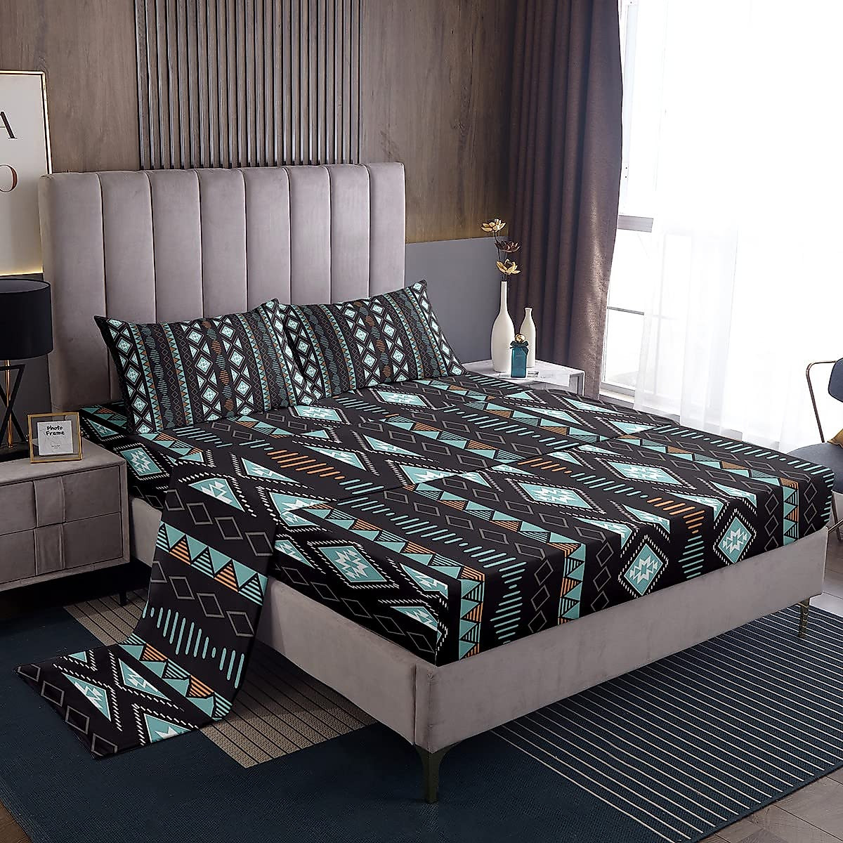 Bohemian Fitted Sheet Boho Aztec Striped Sheet Set for Teens Boys,Tribe Geometry Triangle Bed Sheets Mexican Bed Cover Exotic Nordic Southwestern Decor Full,Black