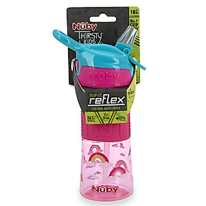 Nuby Thirsty Kids Push Button Flip-it Soft Spout on The Go Water Bottle with Easy Grip Band, Pink Rainbows, 12 Ounce