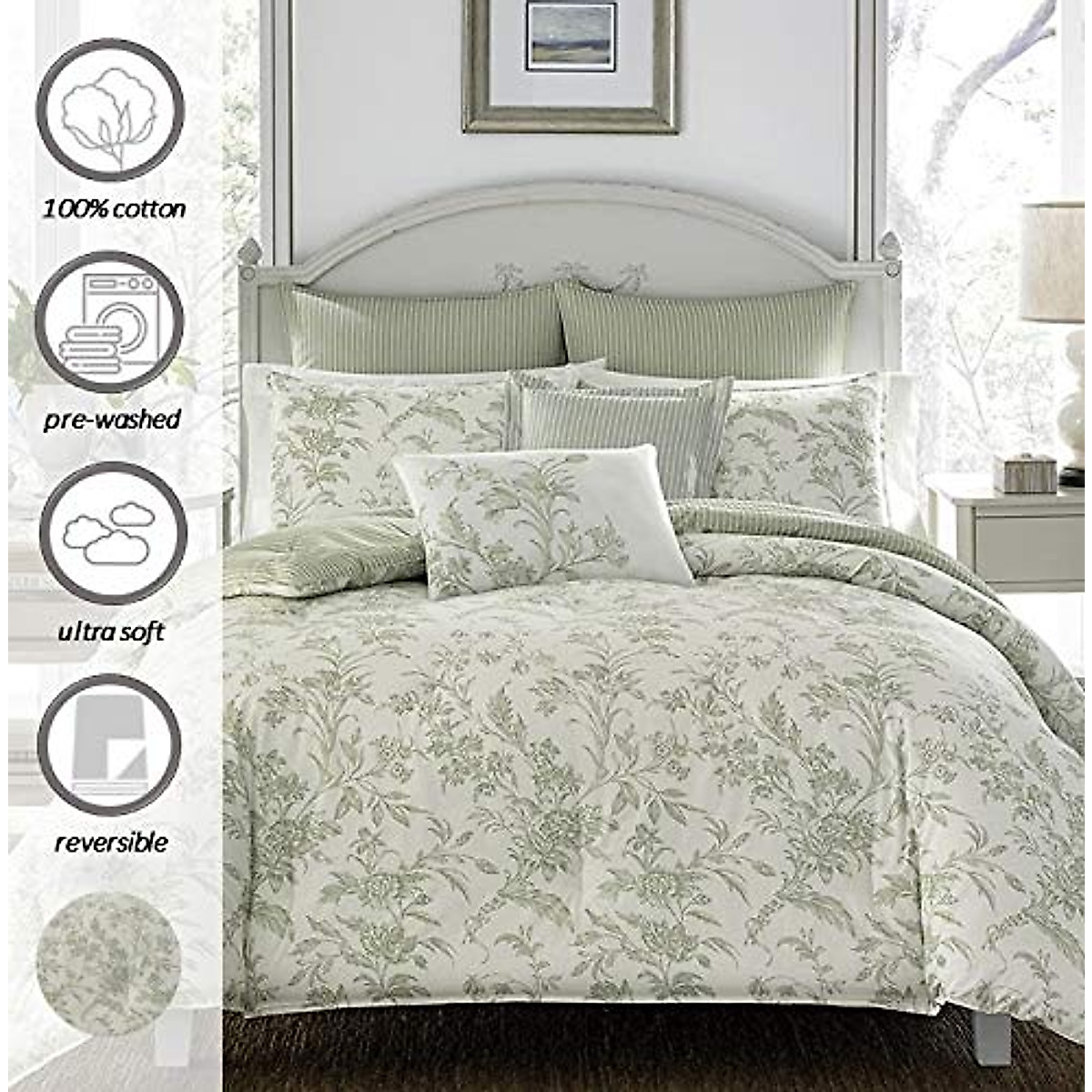 Laura Ashley Home - King Size Comforter Set, Reversible Cotton Bedding, Includes Matching Shams with Bonus Euro Shams & Throw Pillows (Natalie Sage/Off White, King)