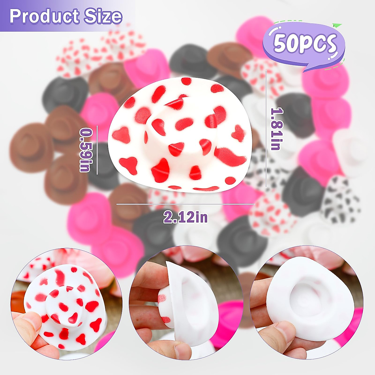 Gaprumi 50 Pcs Mini Plastic Cowboy Hat Western Style Tiny Cowboy Hat for DIY Crafts Bottle Decoration Party Supplies (Pink,White,Black,Brown,Cow)