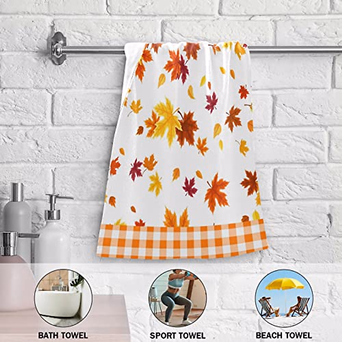 Pfrewn Fall Autumn Maple Leaves Hand Towels for Bathroom Set of 2 Orange Plaid Check Tartan Kitchen Dish Hanging Towel Absorbent Soft Thanksgiving Day Decor, 16x30 in