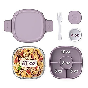 Bentgo® Glass All-in-One Salad Container - Large 61-oz Salad Bowl, 4-Compartment Bento-Style Tray for Toppings, 3-oz Sauce Container for Dressings, and Built-In Reusable Fork (Lavender)