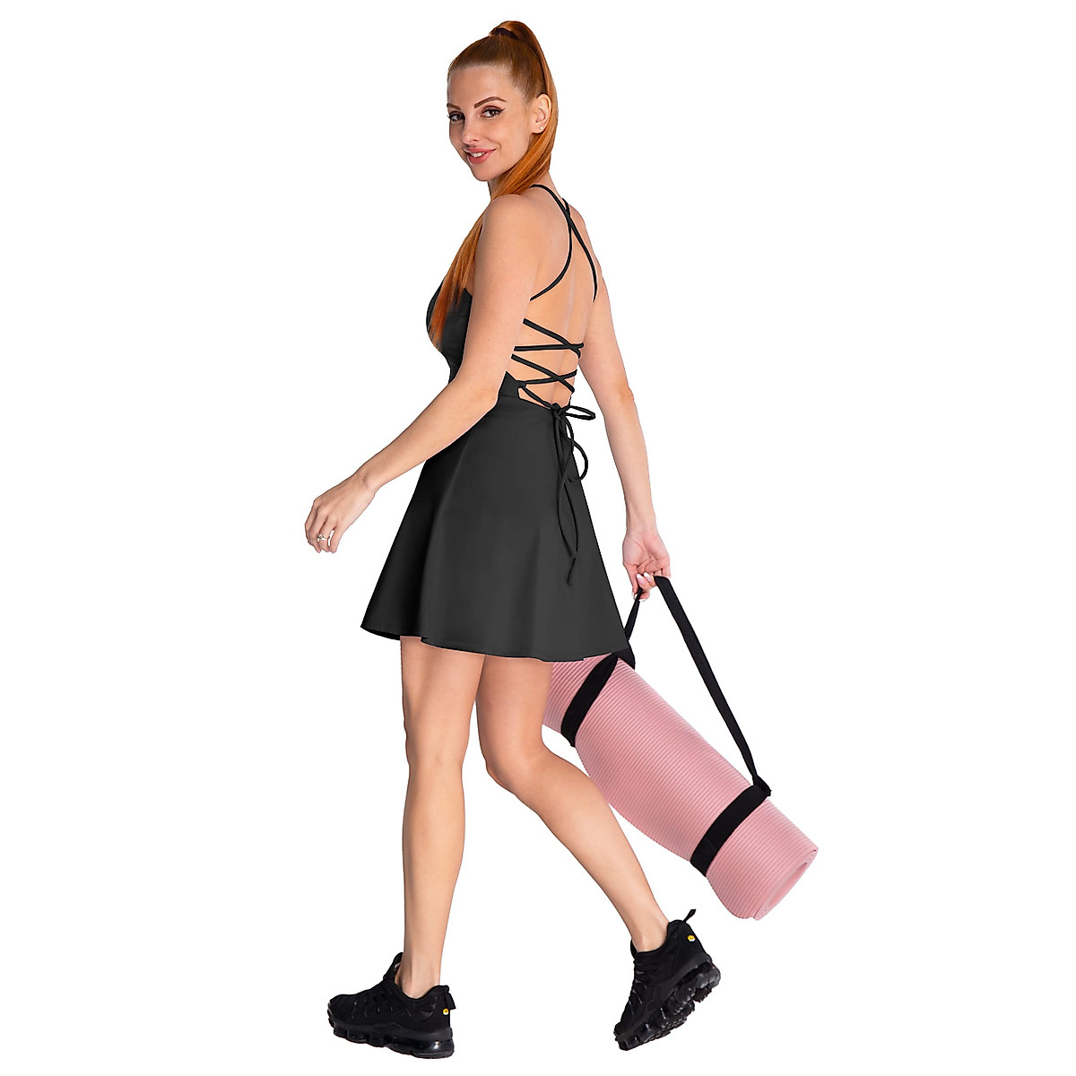 Desol Womens Two Pieces Tennis Dress with Shorts, Golf Workout Open Back Athletic Dress with Built in Bra for Women Black