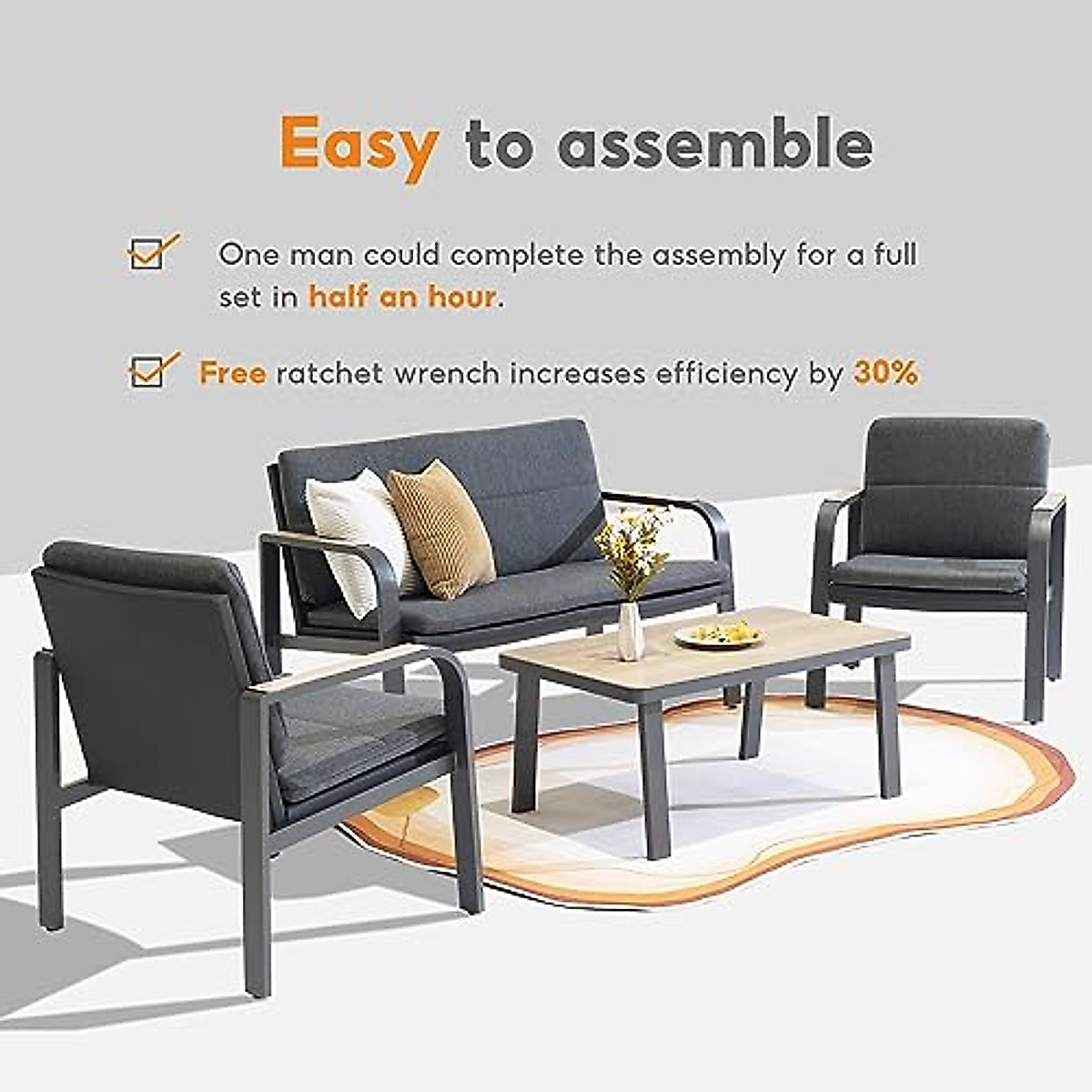 Lucky Yard Aluminum Outdoor Patio Furniture Sets,4 Pieces Metal Modern Patio Conversation Set with Cushions for Garden, Backyard Textilene Furniture Sets,Dark Grey