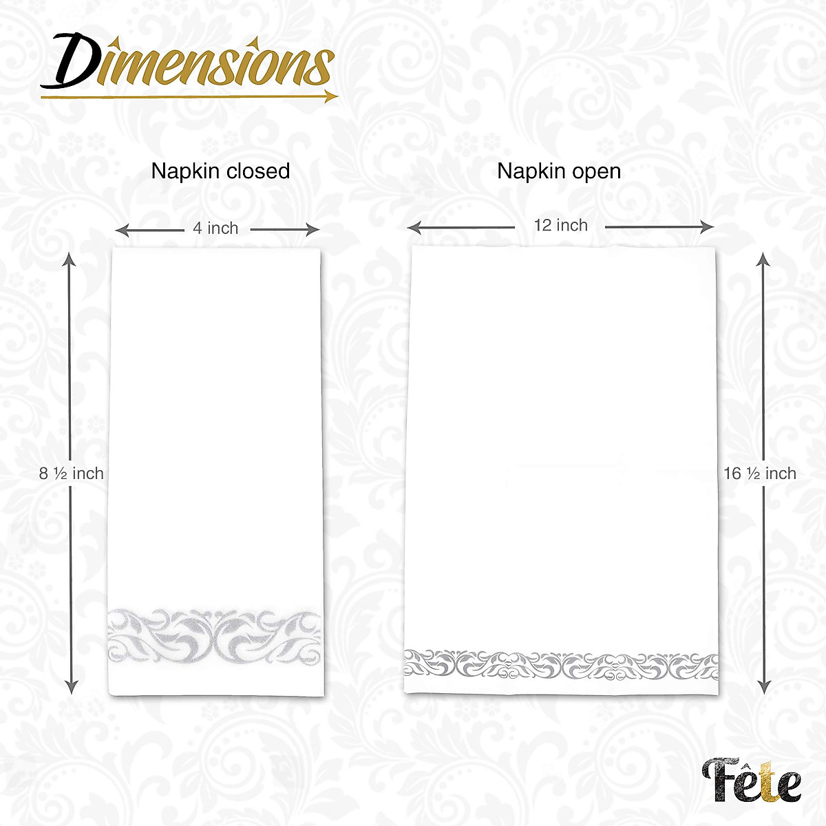 Fete Decorative Hand Towels, silver flower 200pcs Disposable Linen-Feel Guest Towelettes – Formal Dinner, Anniversary, and Wedding Napkins for Tables, Guestrooms, and Restrooms - 8.5x 4-Inches Folded,