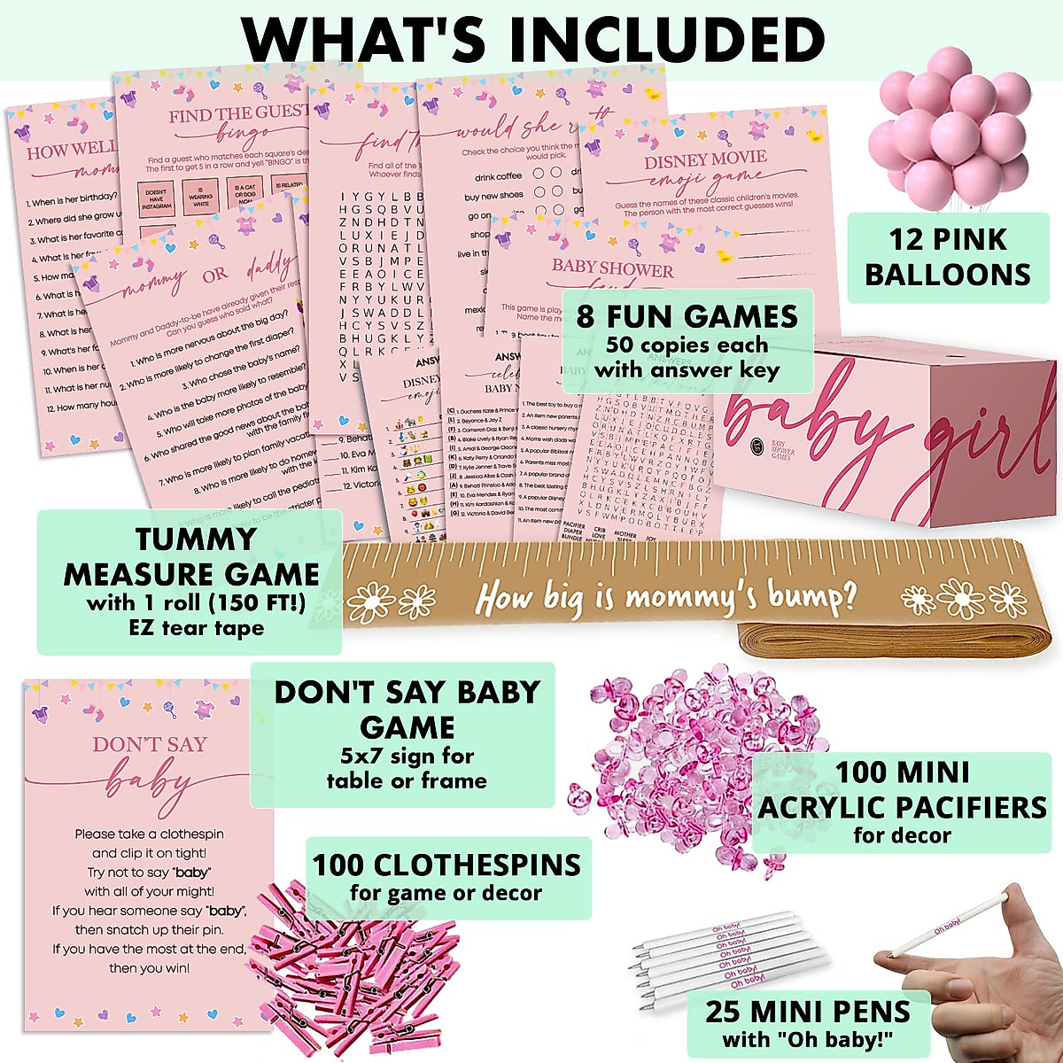 Baby Shower Games for Girl Dont Say Baby, Tummy Tape, Bingo Game Cards and Baby Shower Decorations for Girl, 10 Fun Games, 25 Pens, 100 Acrylic Pacifiers, Clothespins, Balloons