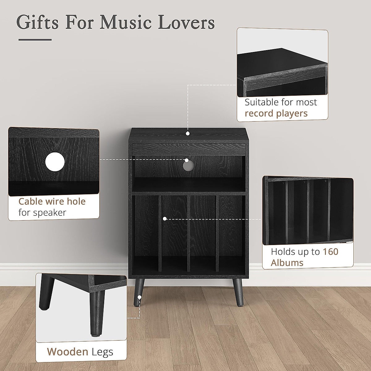 Mazefur Concealment Furniture with Clearance Price, Record Player Stand Table with Wood Leg, Turntable Stand with Vinyl Storage Holds up to 160 Albums with Hidden Compartment, Black Cabinet with Leg
