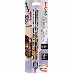 Pentel Arts Gel Roller for Fabric, 1.0mm Bold Lines, Permanent, Black Ink, Pack of 2 (BN15BP2A)