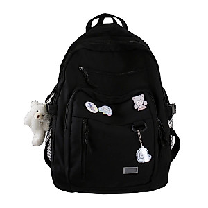 GAXOS Cute Aesthetic Backpacks for Teens Laptop Black Backpacks Middle School Bag Student Bear Pin Book Bags