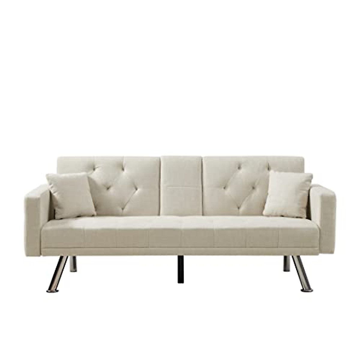 Eafurn Linen Upholstered Convertible Folding Futon Bed, Button Tufted Loveseat Compact Living Space, Apartment, Dorm, Bonus Room w/Metal Legs, 2 Cupholders,Comfy Sofa & Couches, Beige 75.59"