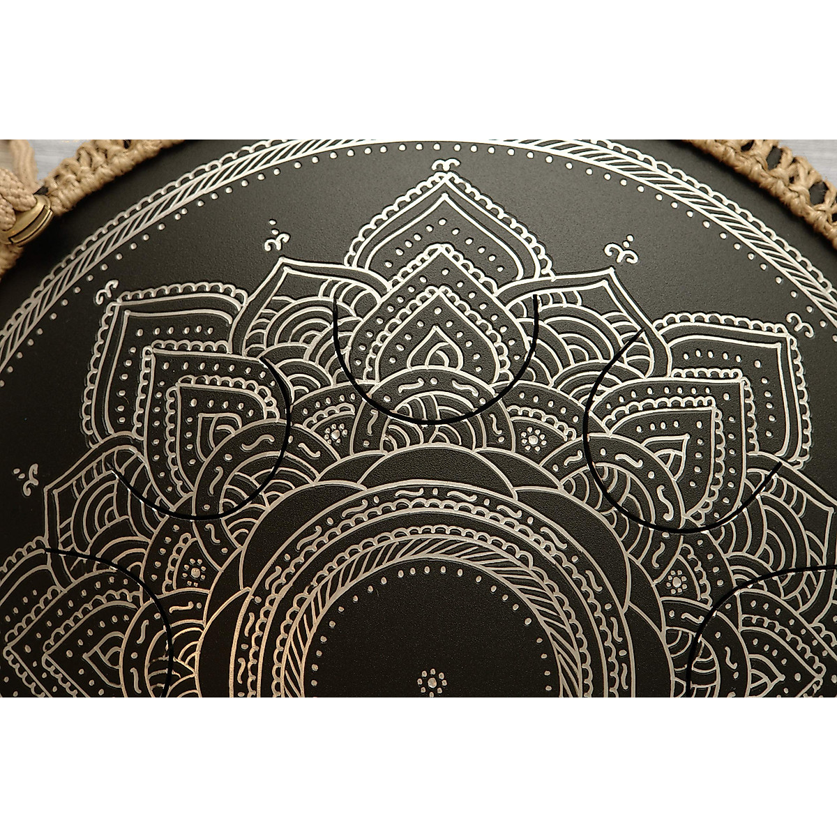 GUDA DRUM Freezbee Black with Ice Flower design, FREE Rope Decoration and Travel Bag