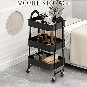 gianotter 3-Tier Utility Rolling Cart - Multifunctional Cart with Lockable Casters, Easy to Assemble, Suitable for Office, Bathroom, Kitchen, Living (Black)