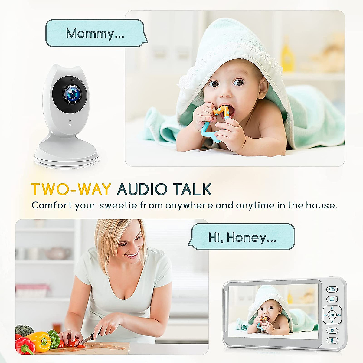 Topiacam Baby Monitor with Camera and Audio, Video Baby Monitor 4.3 inch LCD Split Screen, Two-Way Talk, Night Vision, 8 Lullabies, Temperature Monitor and Long Last Battery, White (BM40)