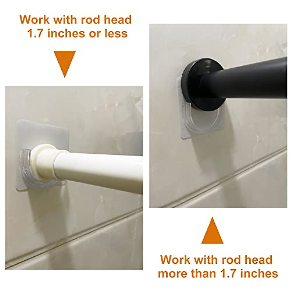 Venupple Spring Tension Rod Holder, 4 Packs Transparent Shower Rod Bracket No Drilling for Spring Rod Head Less Than 1.7in, Adhesive Tension Curtain Rod Retainer Shower Curtain Rod Holder