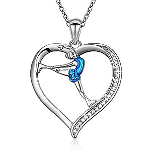 DAOCHONG Figure Skater Necklace S925 Sterling Silver Ice Skating Sport Love Heart Charm Pendant Necklace Inspirational Jewelry Gifts for Women, Ice Skaters, Ice Skater's Mom, Coach and Fans