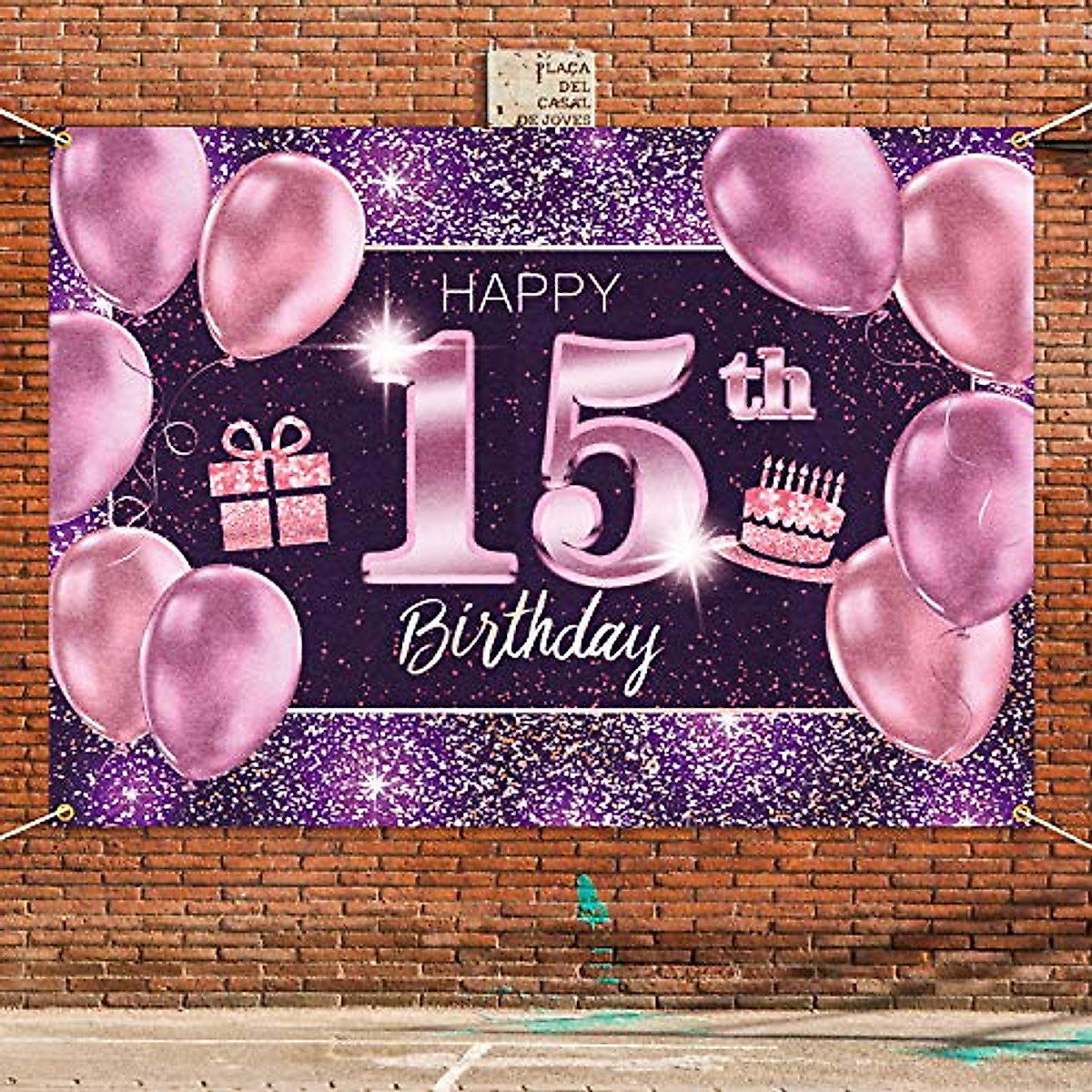 PAKBOOM Happy 15th Birthday Banner Backdrop - 15 Birthday Party Decorations Supplies for Girl - Pink Purple Gold 4 x 6ft