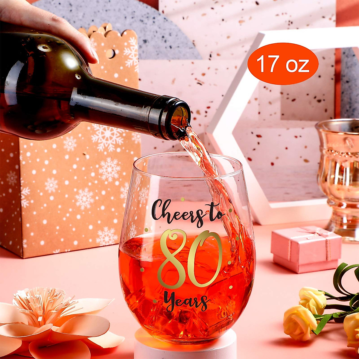 Patelai Birthday Stemless Wine Glass, Gold Birthday Wine Glass Present for Men Women Birthday Party Christmas New Year Wedding Anniversary Party Decorations 17 Oz Stemless(Cheers to 80 Years)