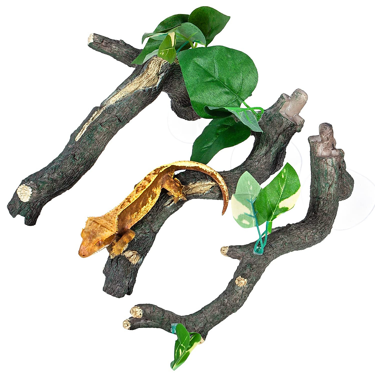 REPTIZOO 3 PCS Reptile Climbing Branch Terrarium Plants Decor with Suction Cup Resin Spliceable Corner Branch for Amphibian Snake Lizards Geckos Habitat Decor