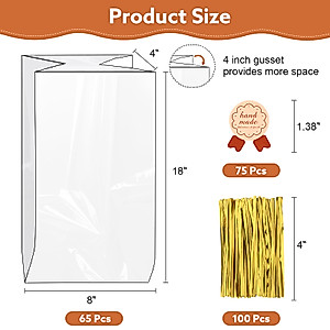 65 Pcs Bread Bags for Homemade Bread, 8"x 18" Clear Plastic Bread Bags with 100 Ties 75 Stickers Reusable Bread Storage for Home Bakery Christmas Gift Wrap
